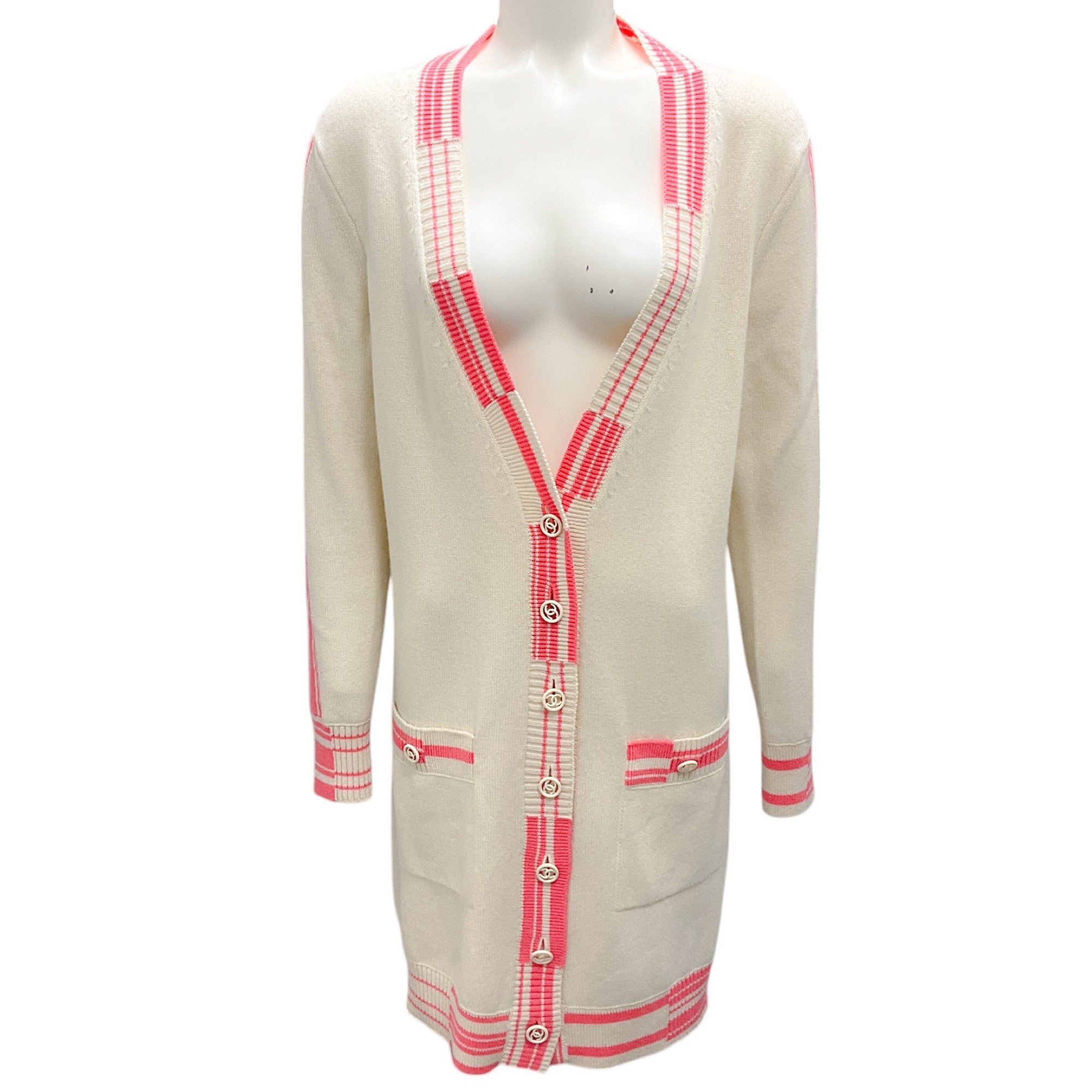 Chanel Rare Ivory / Pink Iconic CC Logo Button Long Cashmere Knit Biar ...