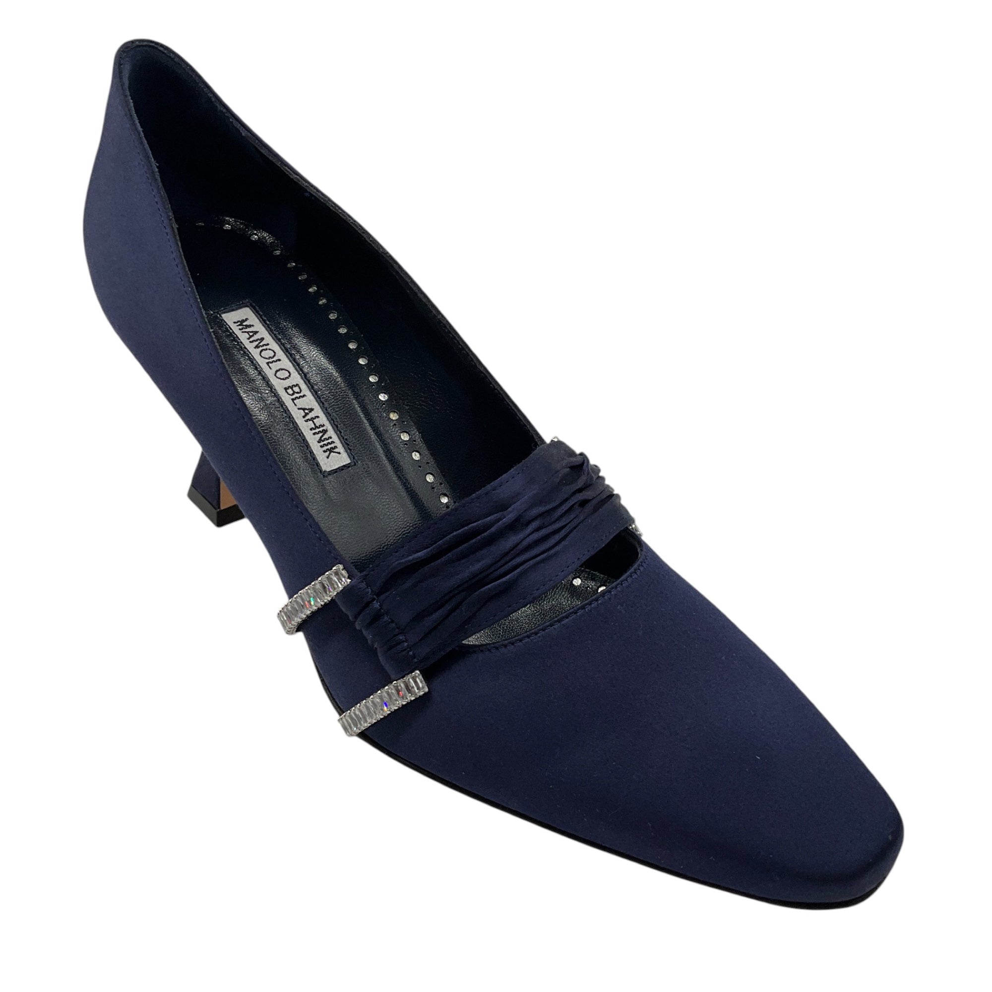 Manolo Blahnik Navy Blue Crystal Embellished Satin Pumps – Roundabout ...
