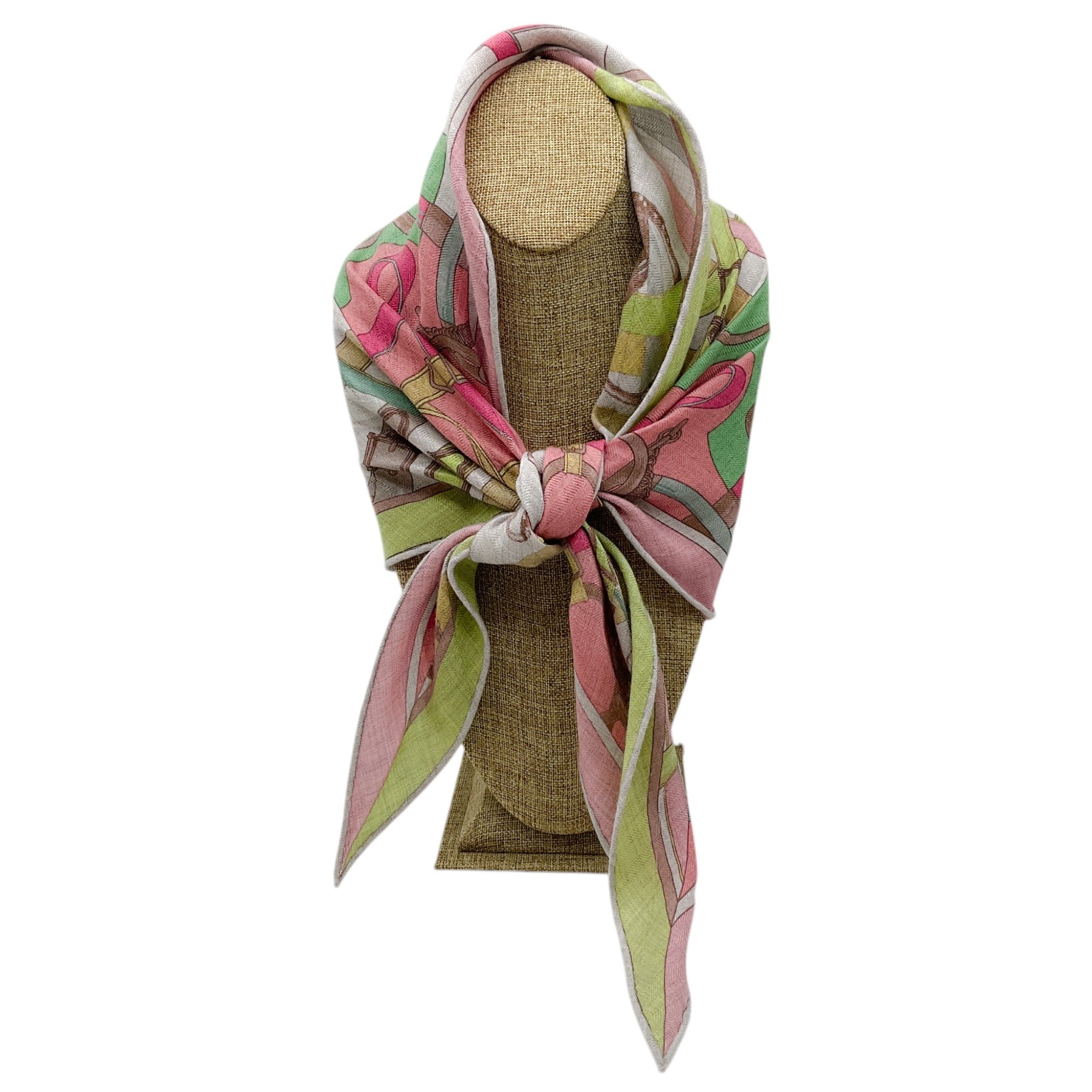 Hermes Pink / Green Belt Motif Cashmere and Silk Losange Scarf ...