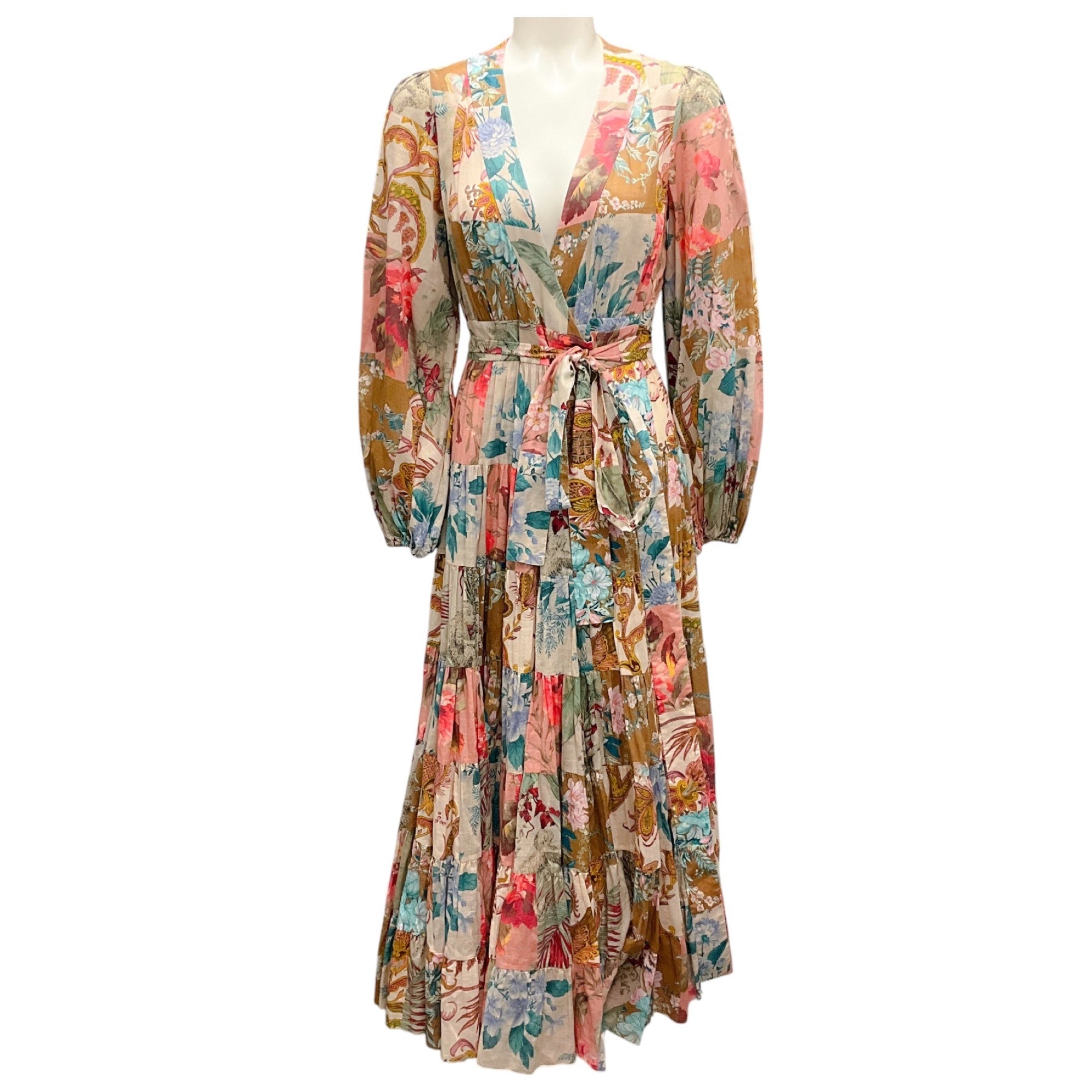 Zimmermann Pink Multi Floral Paisley Patchwork Long Cotton Wrap Dress ...