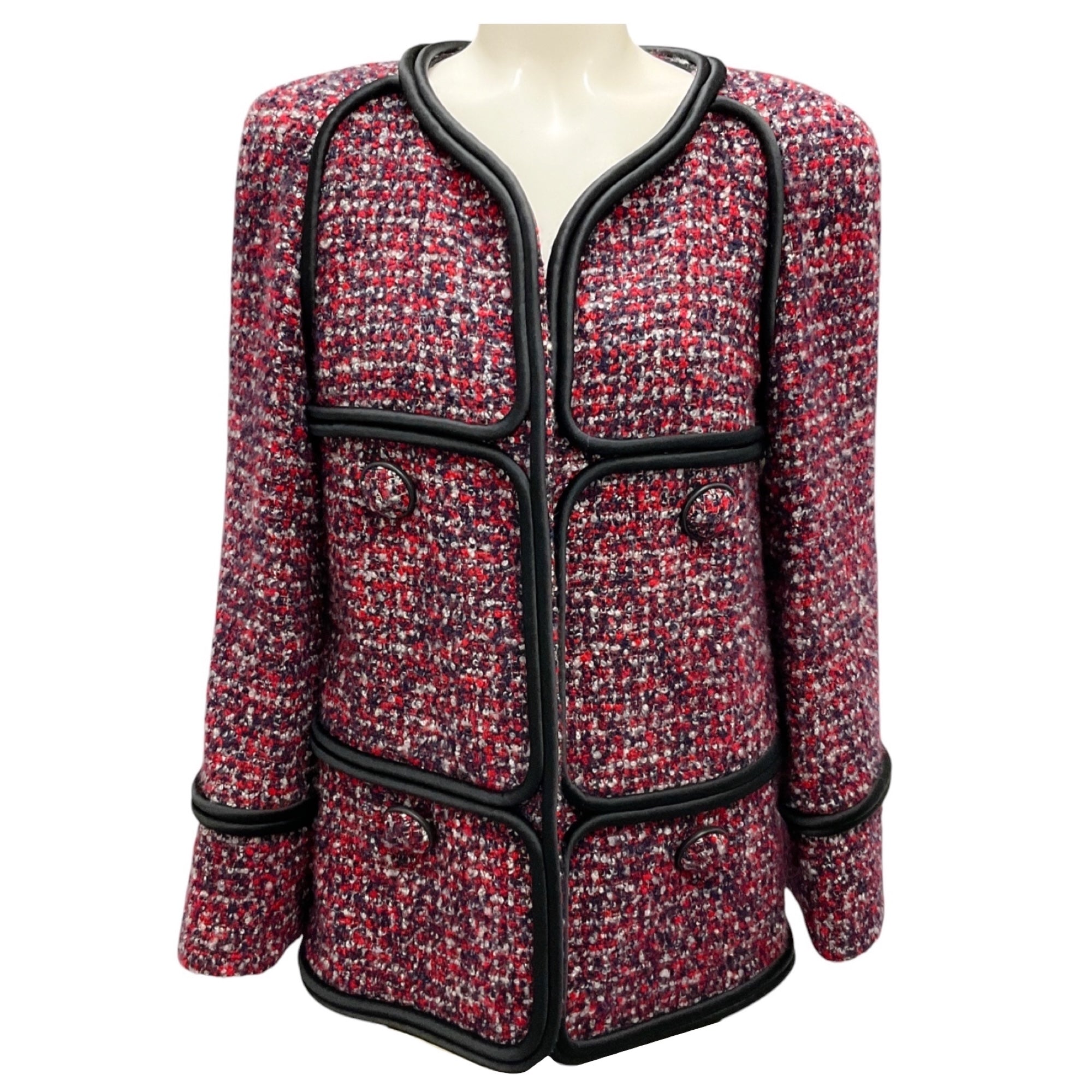 Chanel Red / Navy / Black Silk Trimmed Boucle Cashmere Tweed Jacket ...