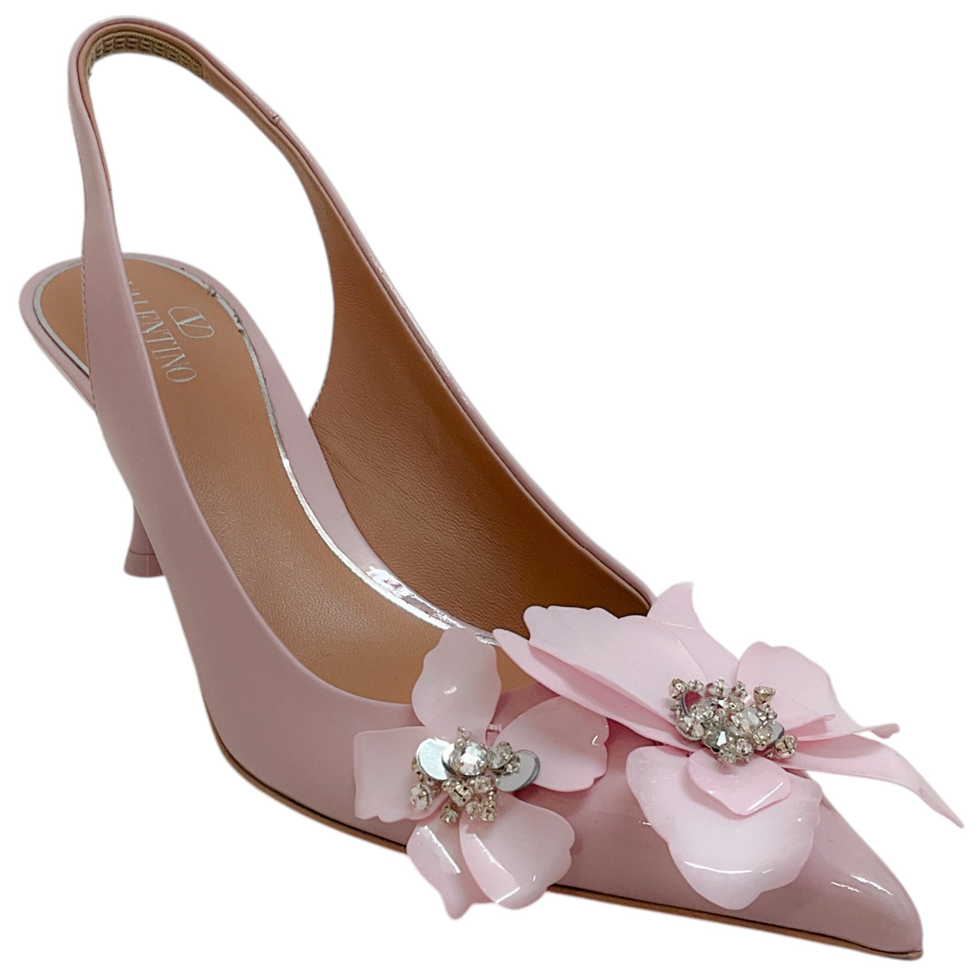 Valentino Light Pink Patent Slingback Pumps with Flower Details ...