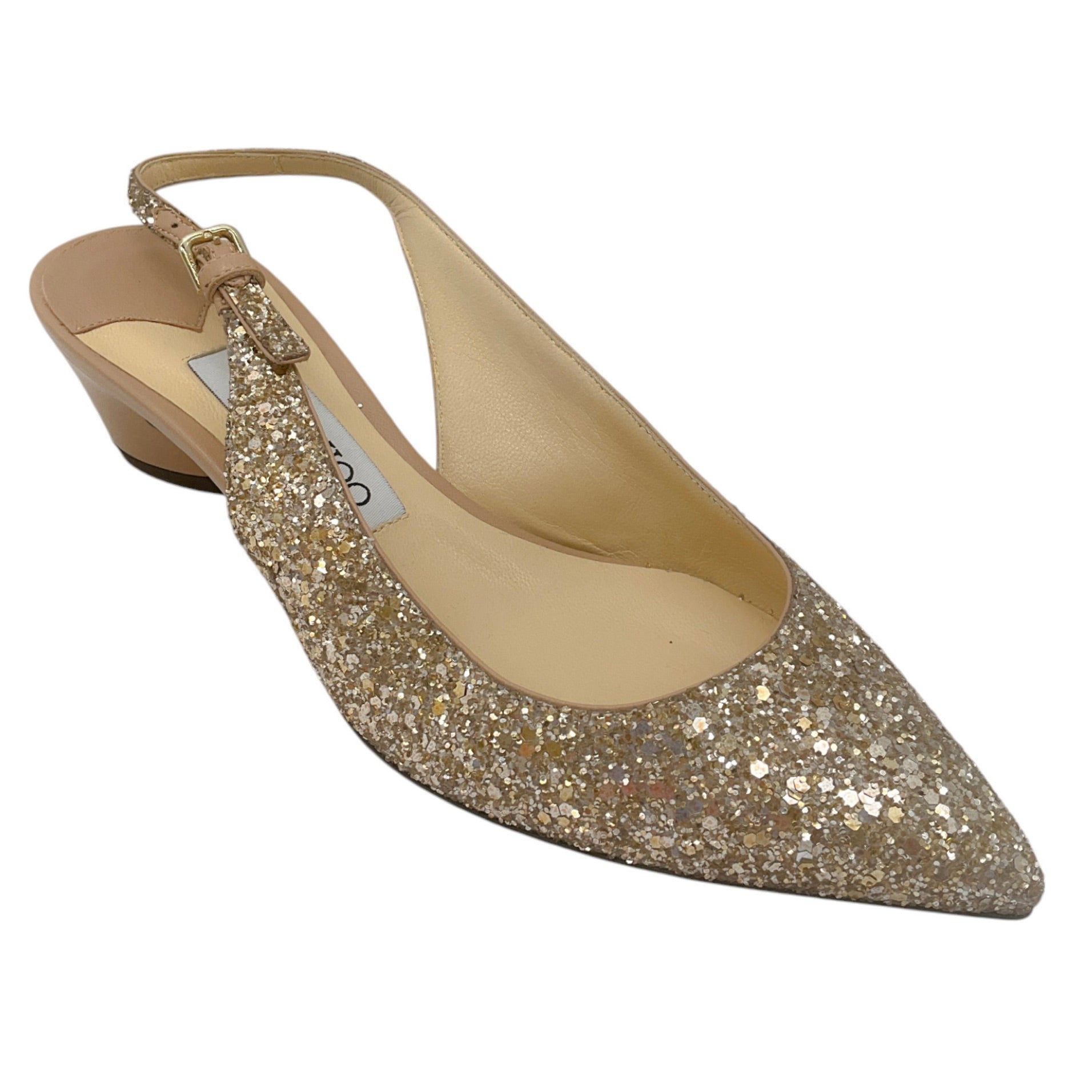 Jimmy Choo Gold Metallic Glitter Low Heel Slingback Pumps – Roundabout ...