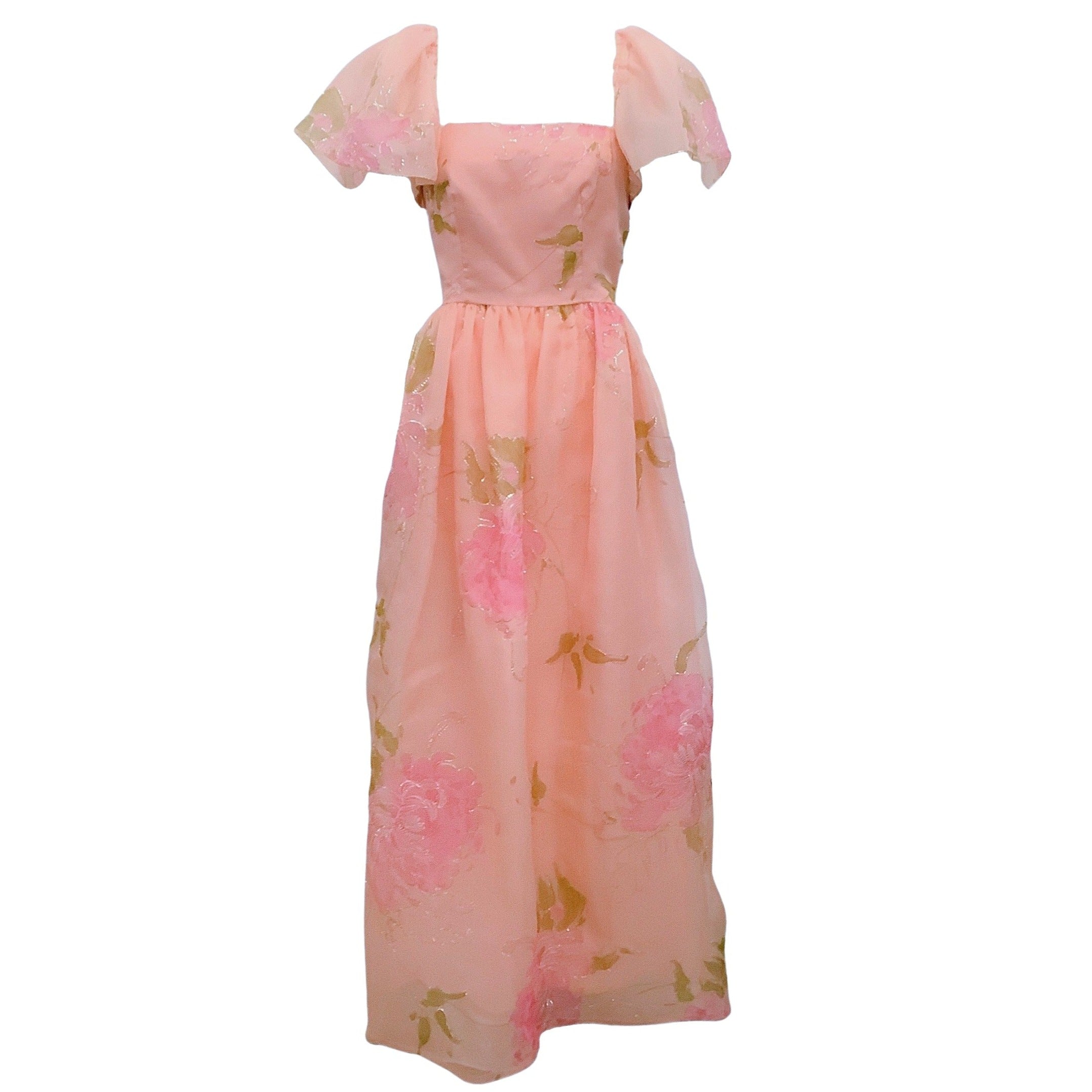 Richilene Pink Vintage Flutter Sleeve Floral Dress with Gold Stitching ...
