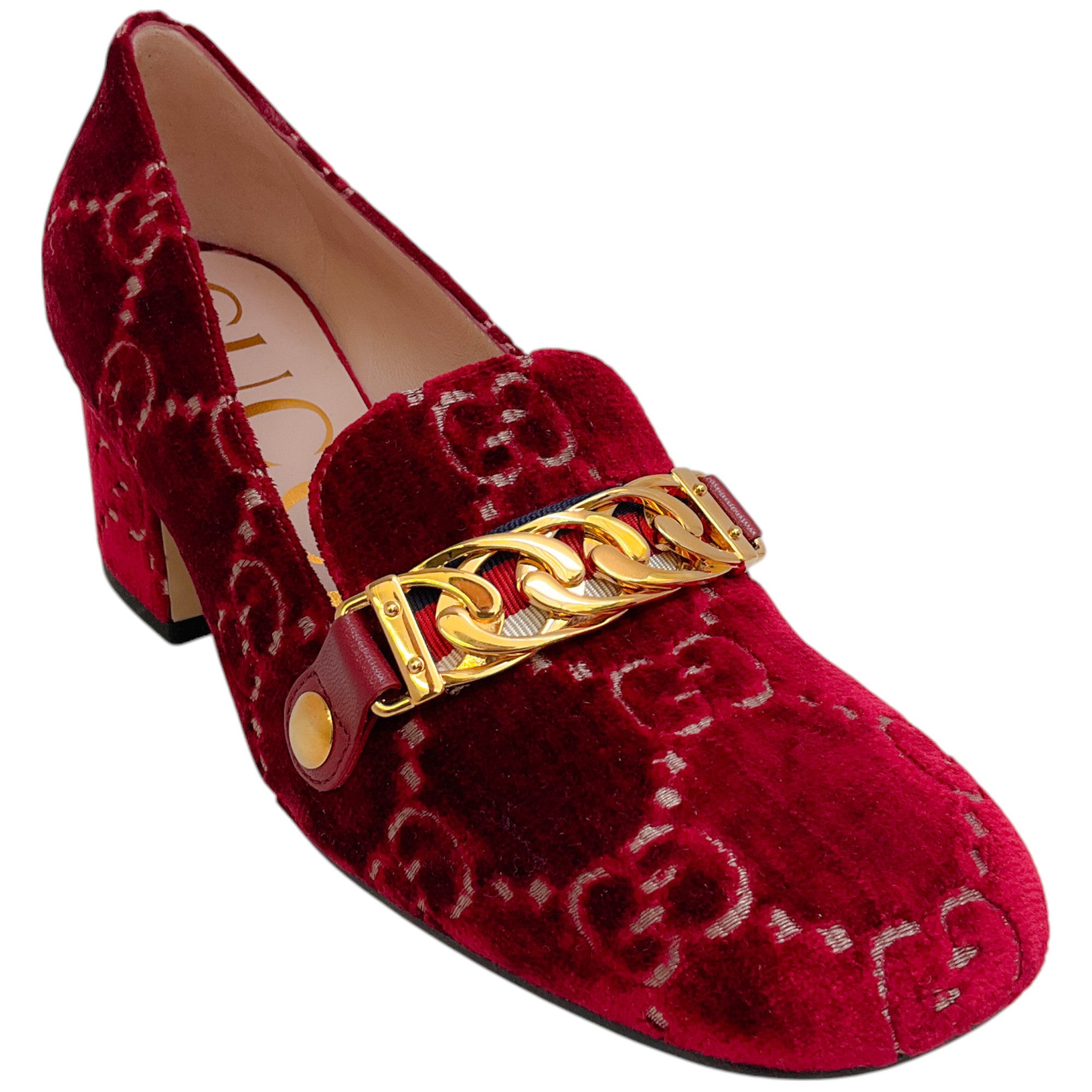 Gucci Red Velvet GG Monogram Sylvie Mid Heel Pumps – Roundabout Resale ...