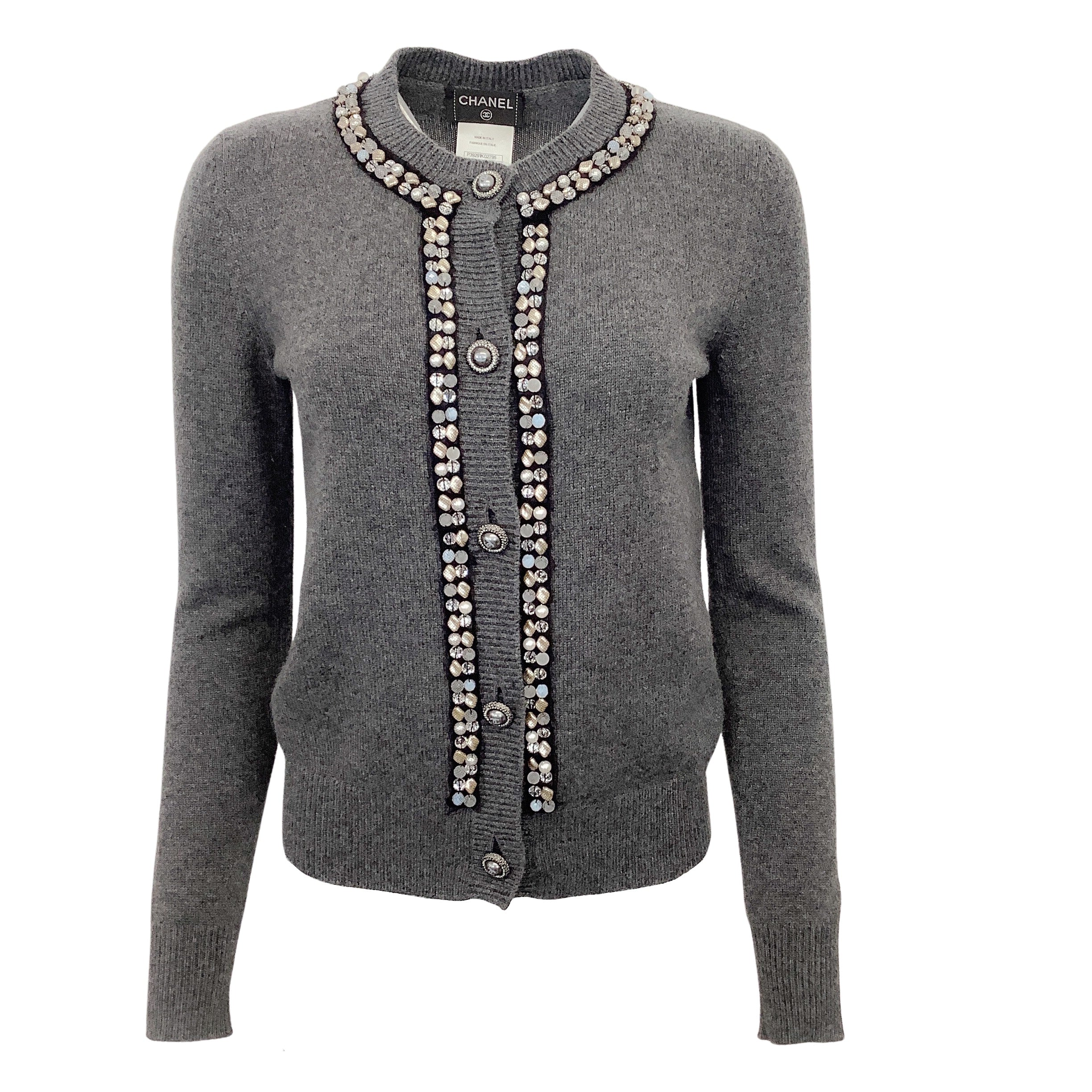 Chanel Pearl / Bead Trim Cashmere Cardigan Grey Sweater – Roundabout ...